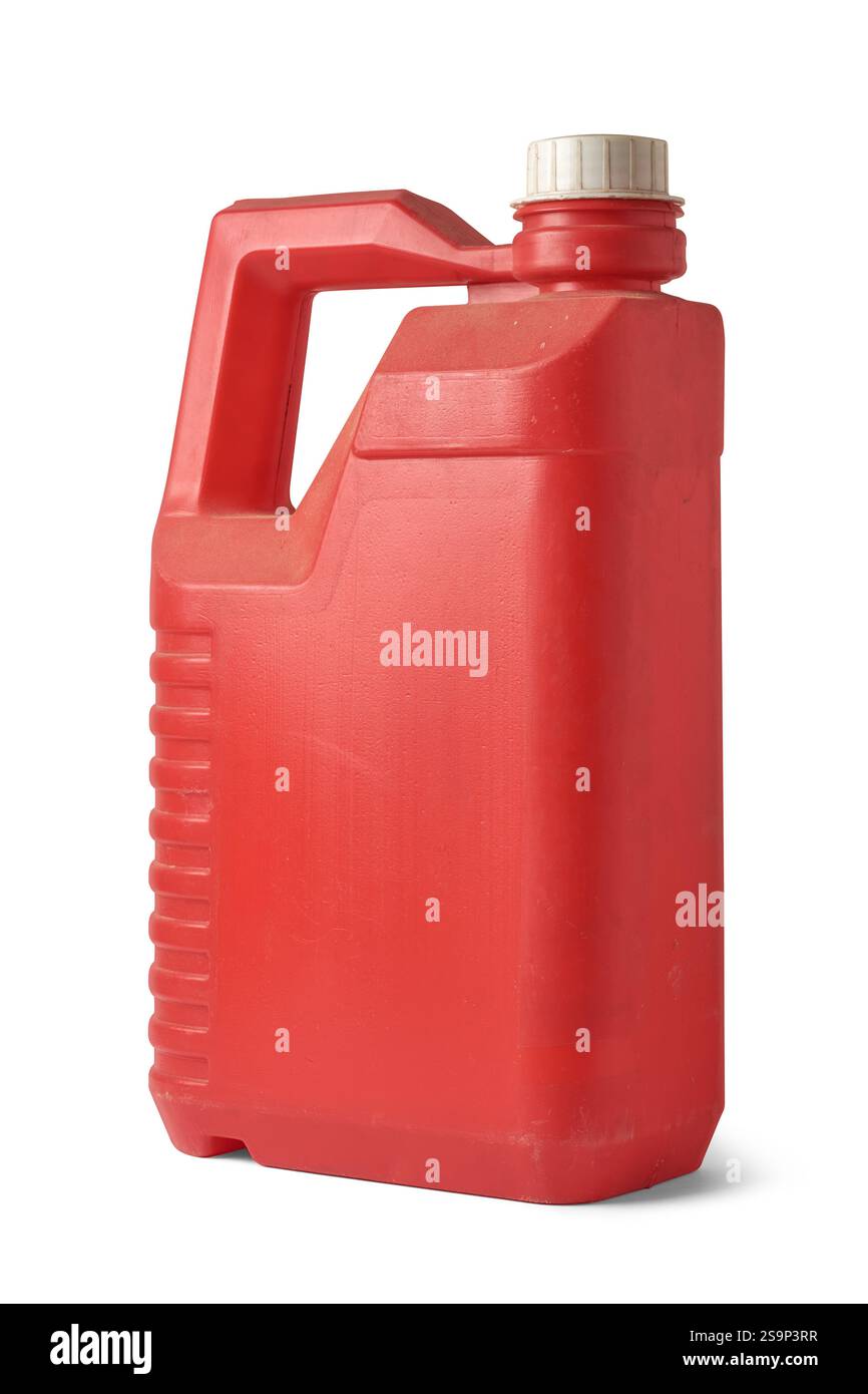 close-up of old used red color plastic oil can, motor or engine oil chemical gallon, empty waste ...