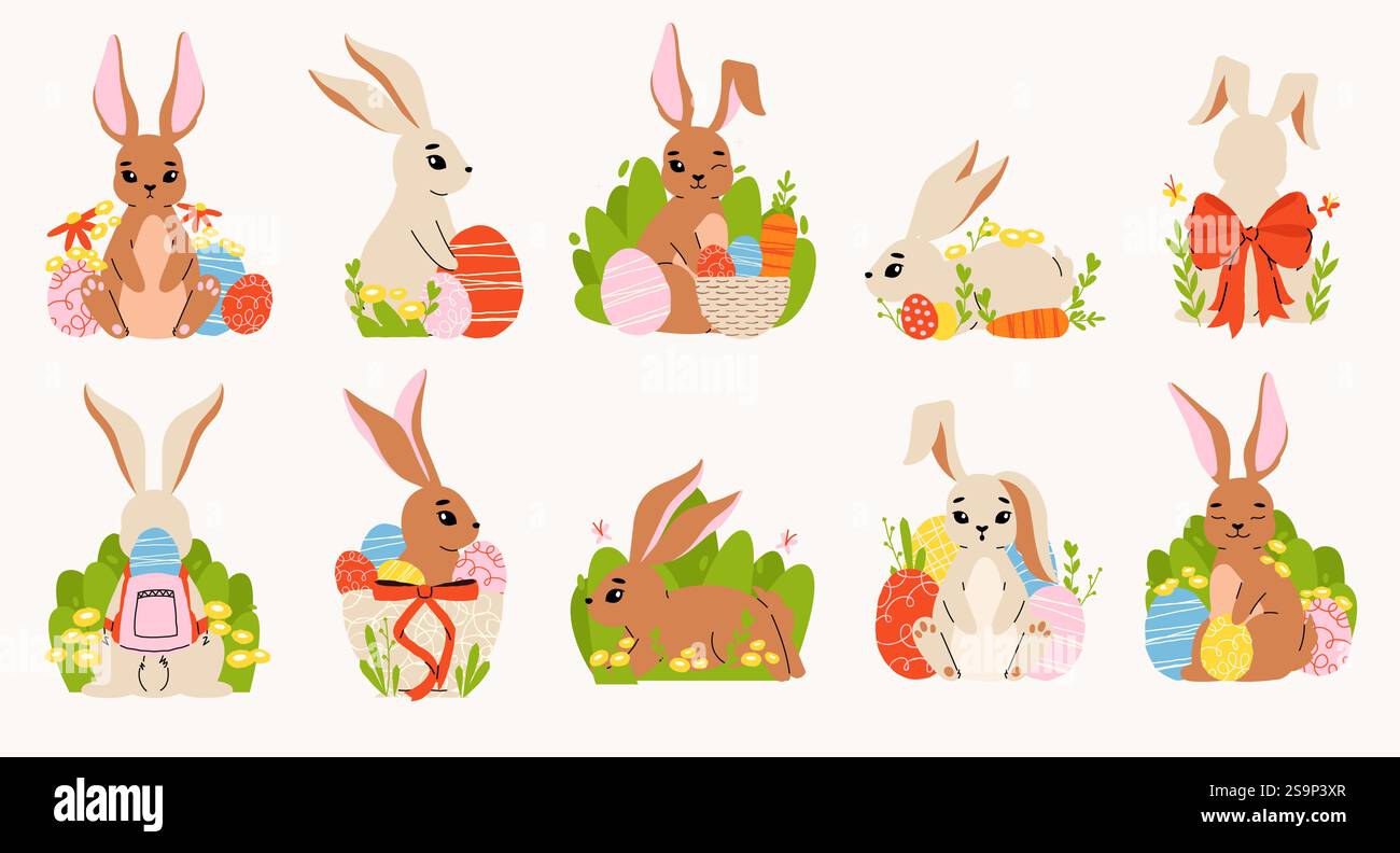 Easter rabbit. Cute cartoon bunny characters with different poses for ...