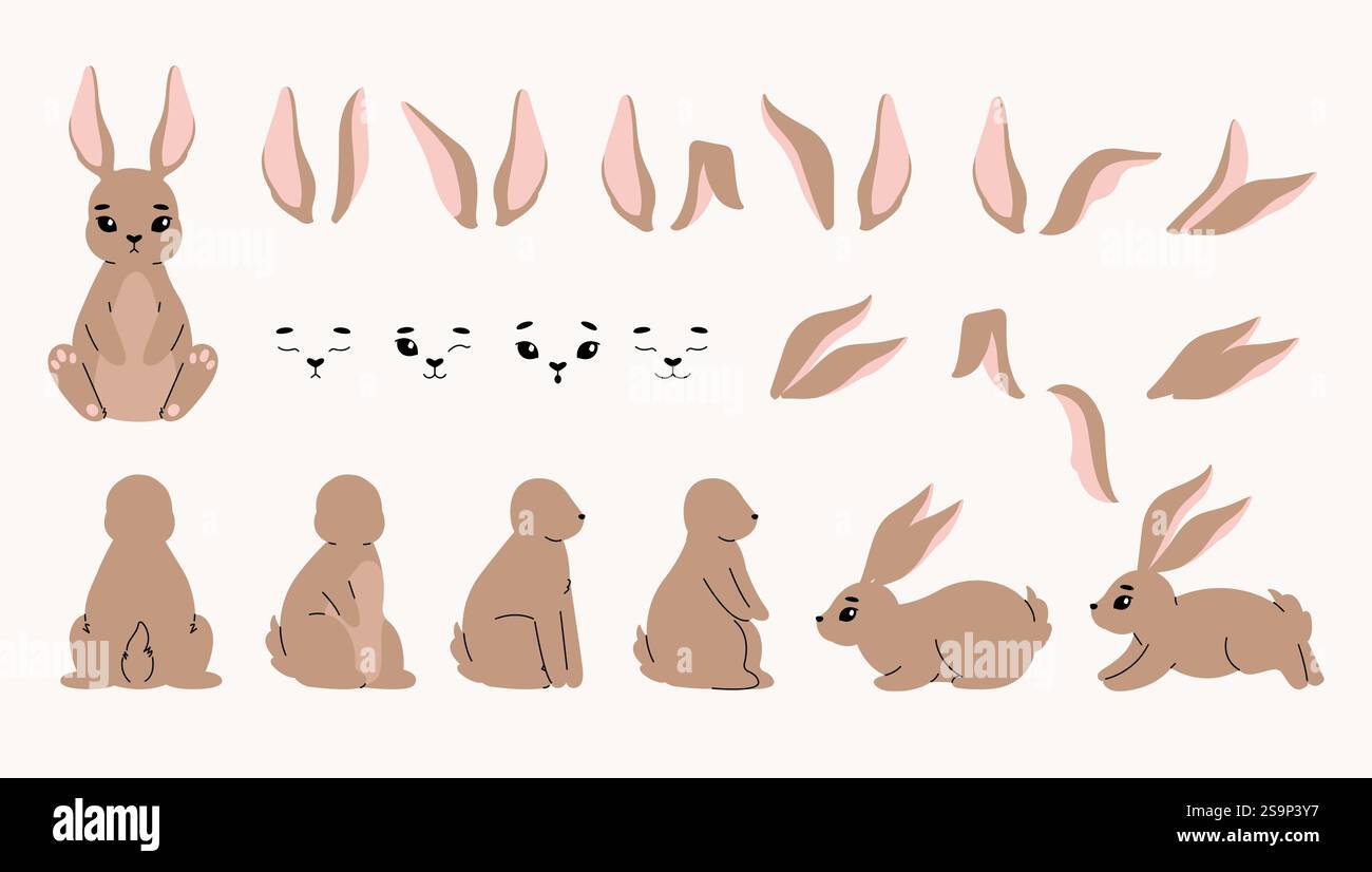 Cartoon bunny elements. Cute rabbit face ears tail paw, rabbits spring ...