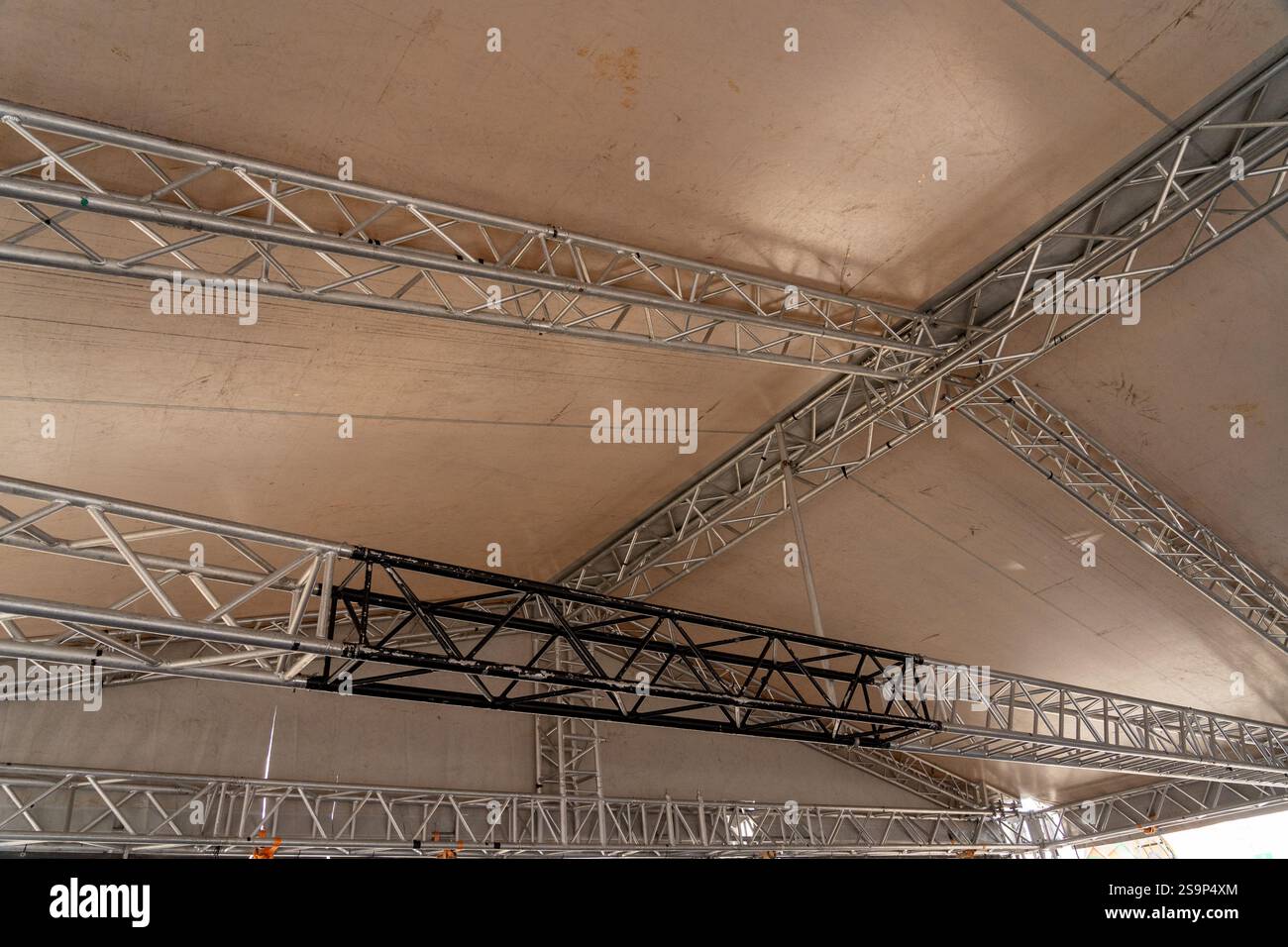 View of a metal truss roof, showcasing its structural design and ...