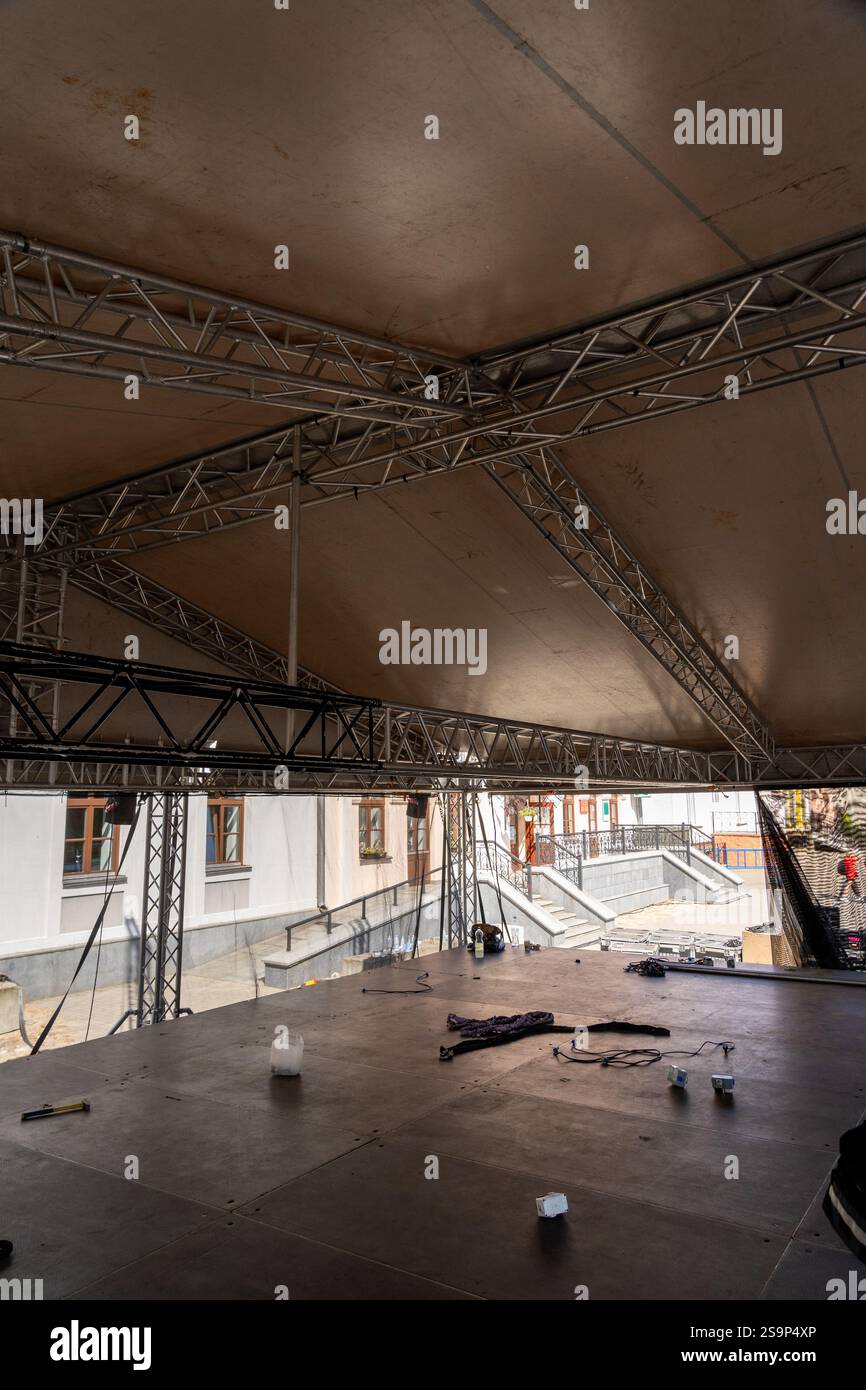 View of a metal truss roof, showcasing its structural design and ...