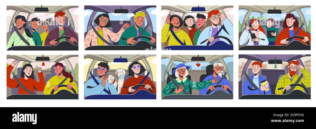 People driving car. Family road trip cartoon characters in automobile ...