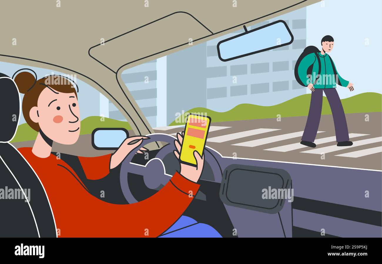 Distracted driver. Car interior with woman driving car and using ...