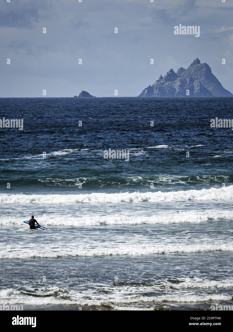 Surfers in the surf, view of the Skellig Islands on the horizon, Kerry ...
