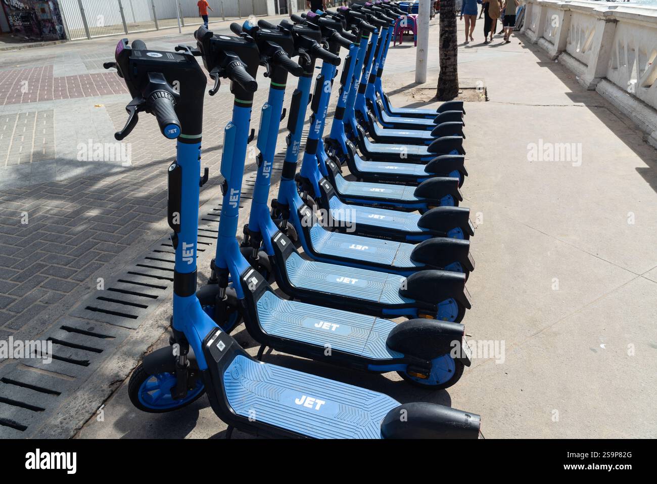View of JET electric scooters parked on the edge of Farol da Barra in ...