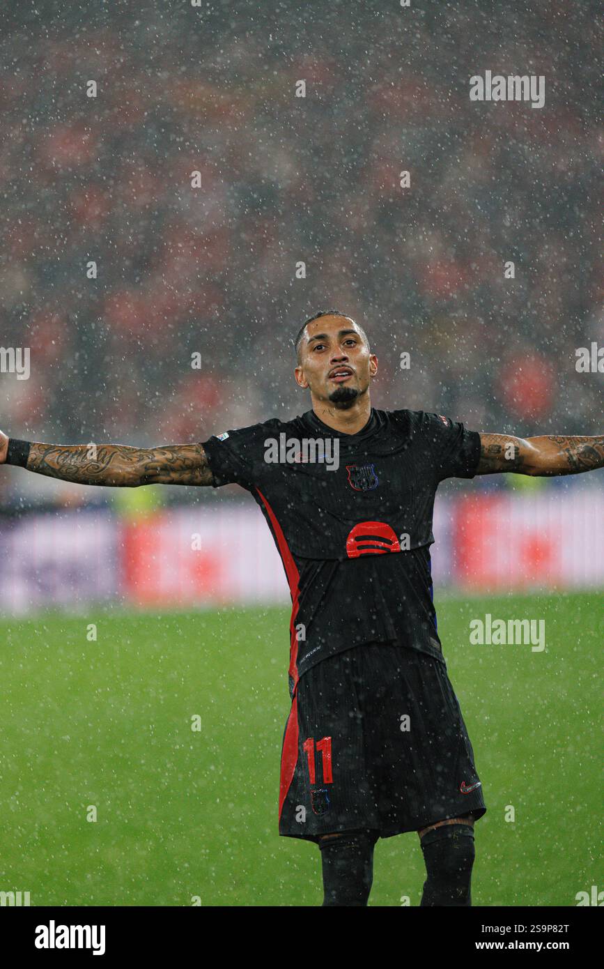 Raphinha seen celebrating after scoring goal during UEFA Champions ...