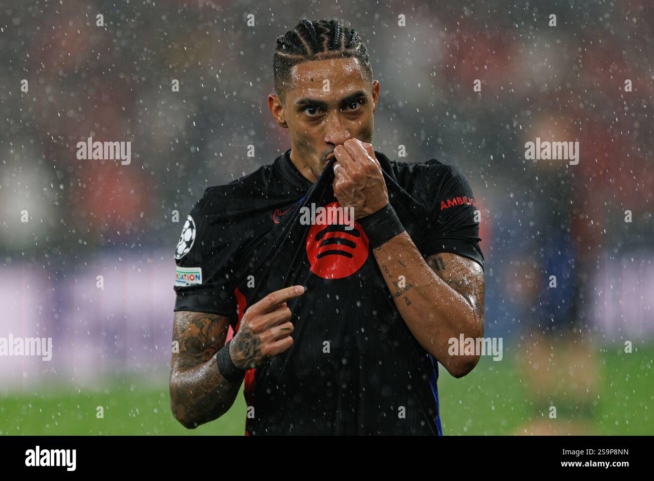 Raphinha seen celebrating after scoring goal during UEFA Champions ...