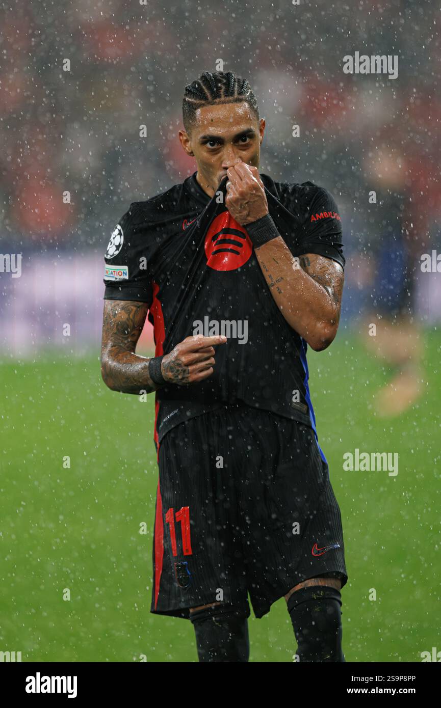 Raphinha seen celebrating after scoring goal during UEFA Champions ...