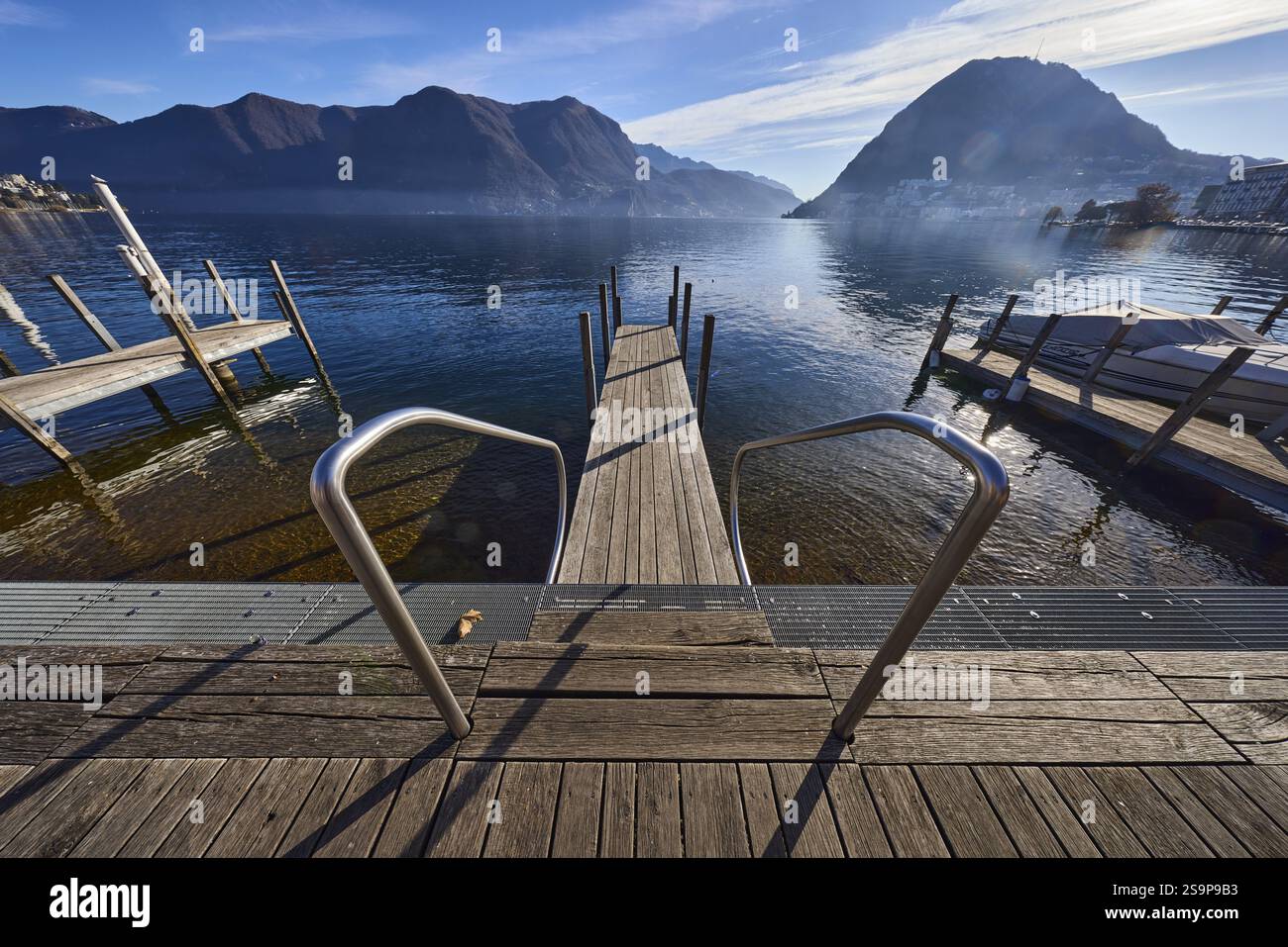 Jetty, wooden planks, stainless steel railing, bird's eye view, lake ...