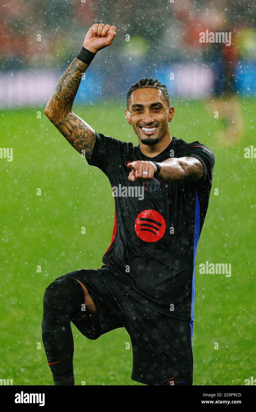 Raphinha seen celebrating after scoring goal during UEFA Champions ...