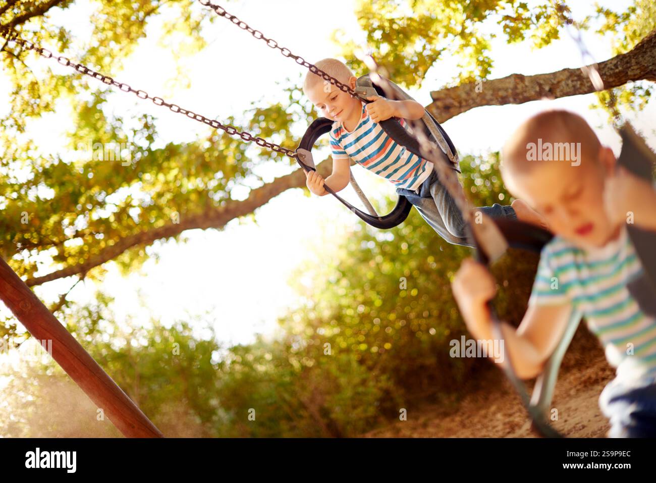Development, growth and swings with children at playground in summer ...