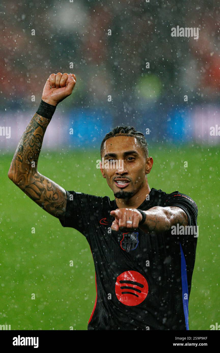 Raphinha seen celebrating after scoring goal during UEFA Champions ...