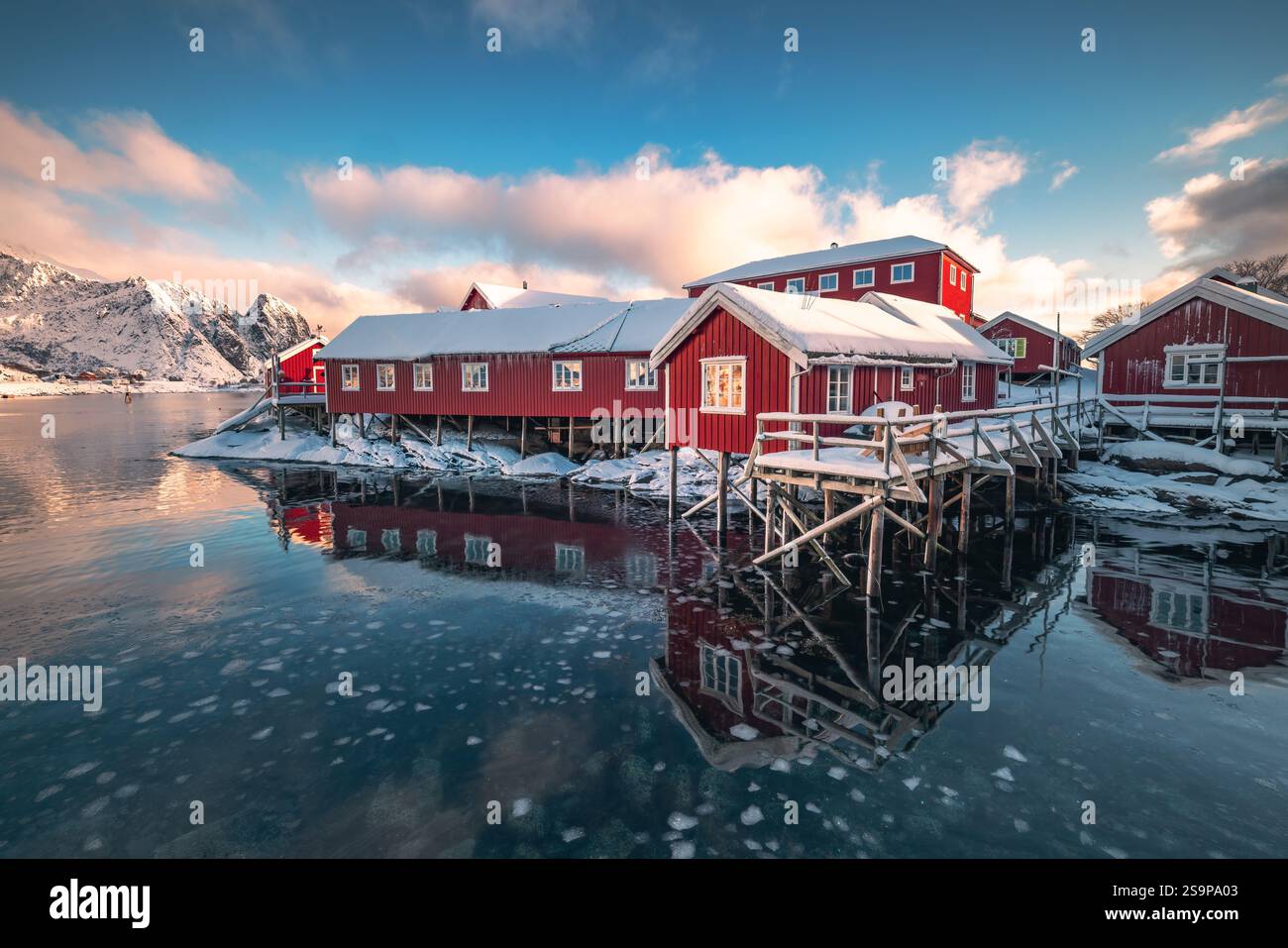 Lofoten Islands, Reine, Norway and Hamnoy fishing village with red ...
