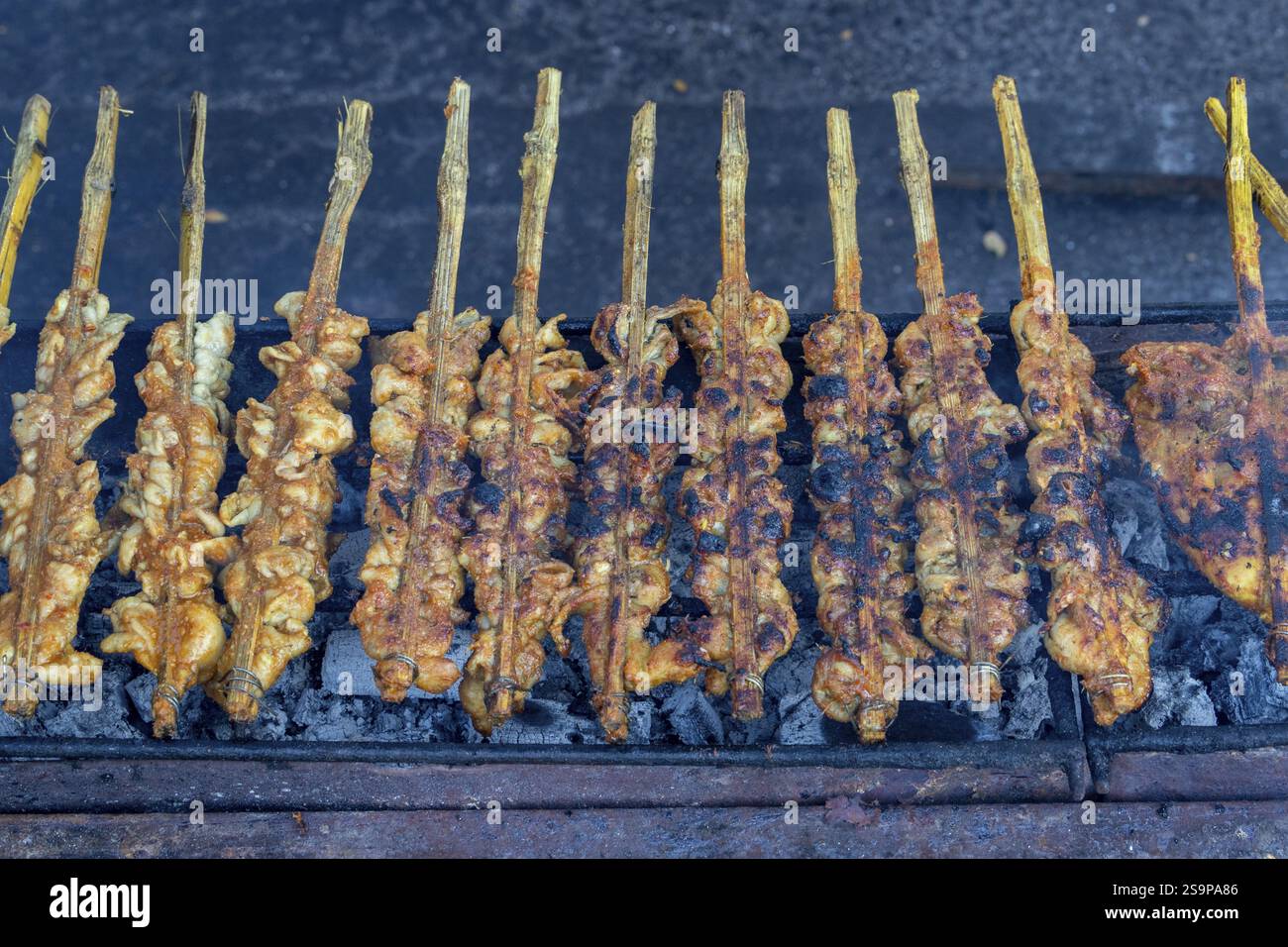 Sate skewers on a barbecue, weekly market in Kuah, Langkawi, Kedah ...