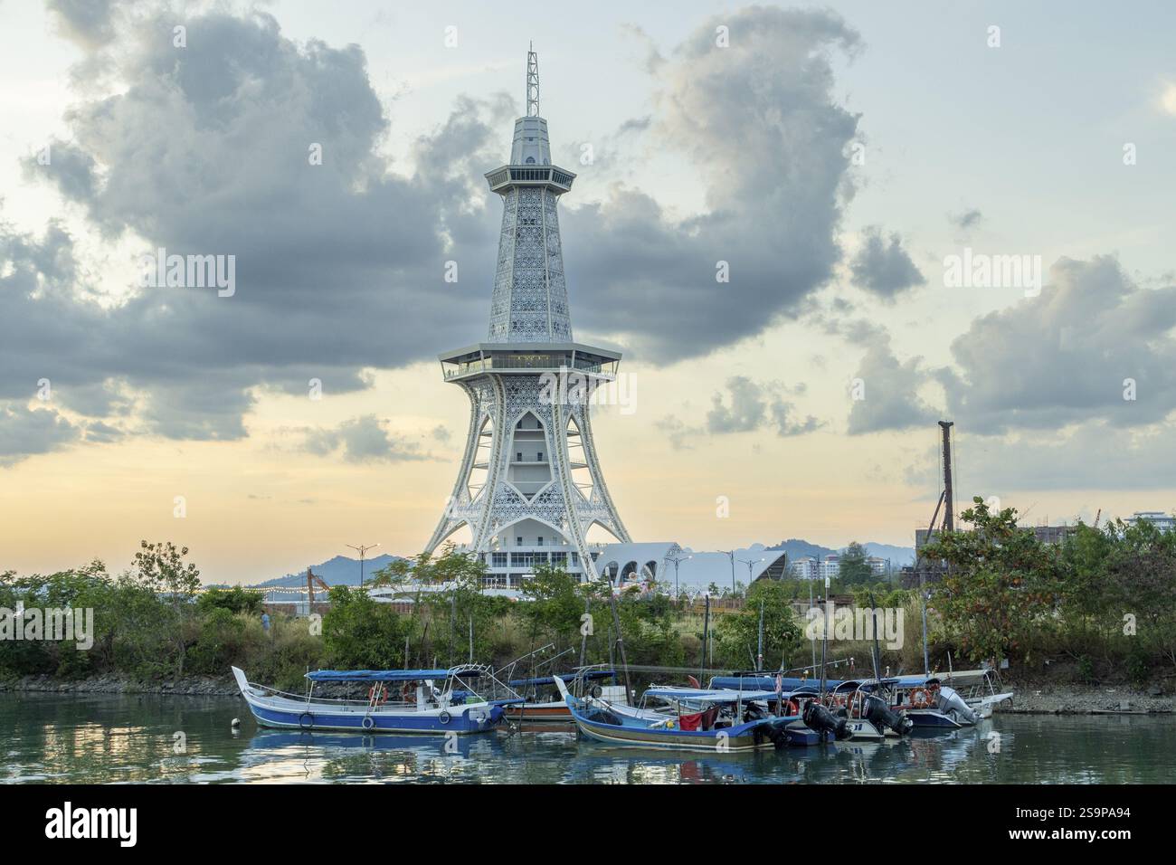 MAHA Tower, Maha Tower, boats in front, Kuah, Langkawi, Kedah State ...