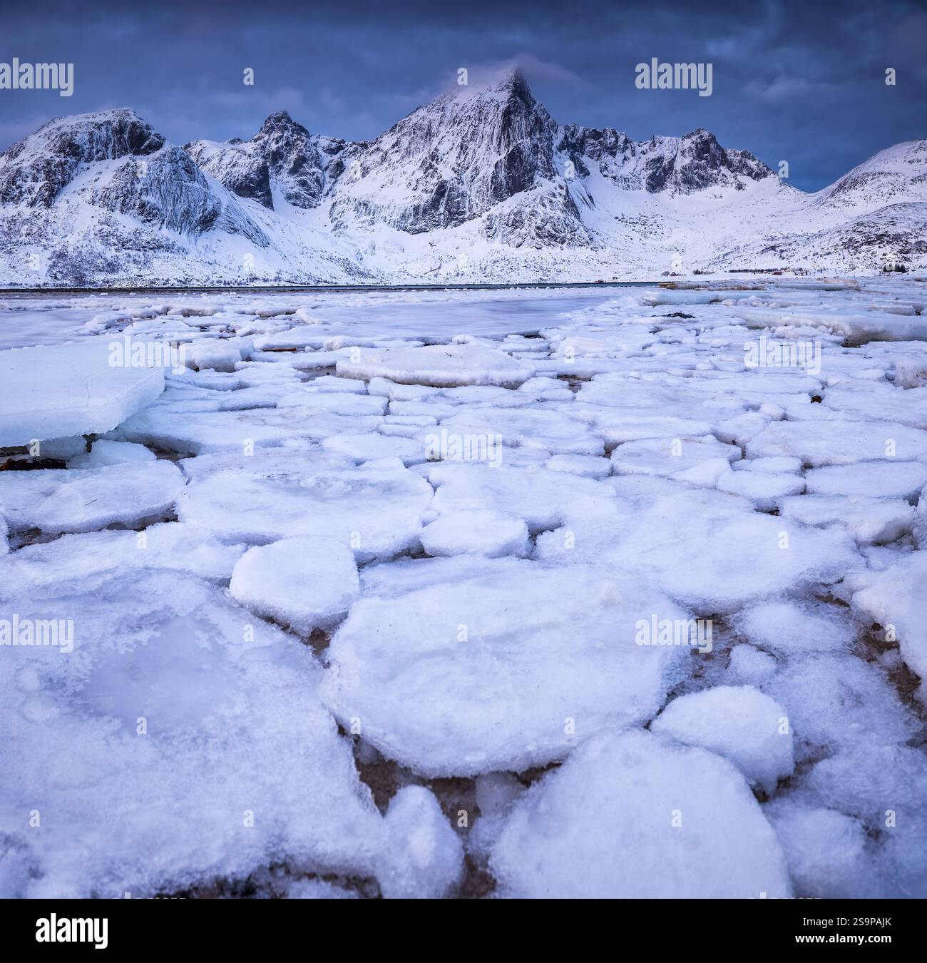 Vertical winter sea landscape of frozen coastal beach rocks, fjords mountain peaks Lofoten ...