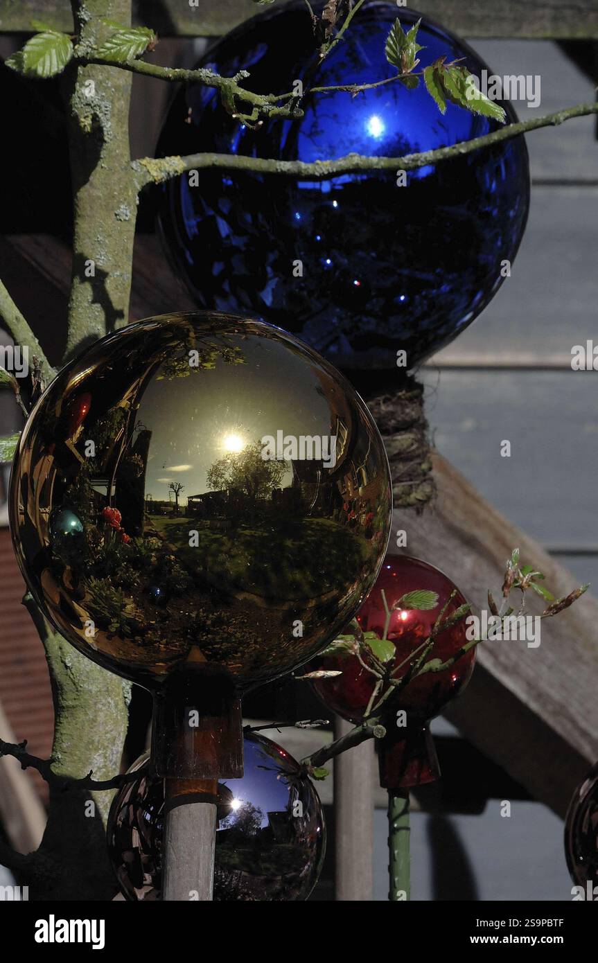 Metal garden balls with blue and gold reflections in the garden, weseke ...