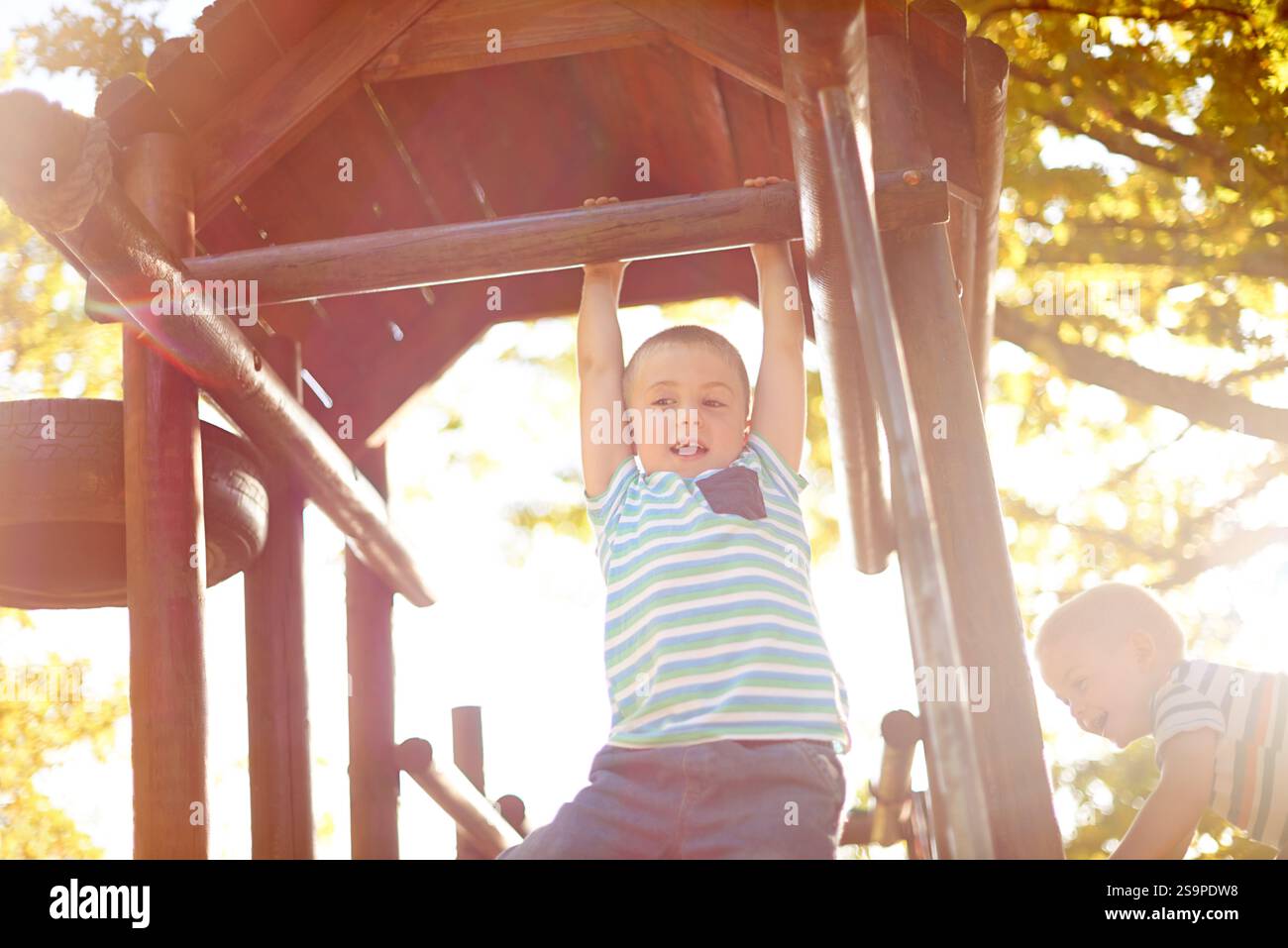 Playing, jungle gym and kid in park with exploring, adventure or fun hobby in nature. Happy ...