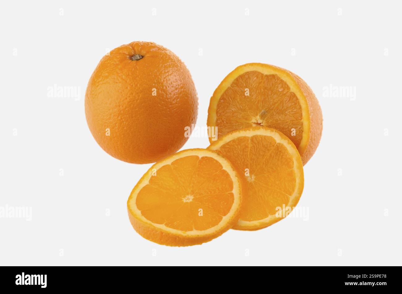 Fruit, a full orange with three slices on a white background Stock ...