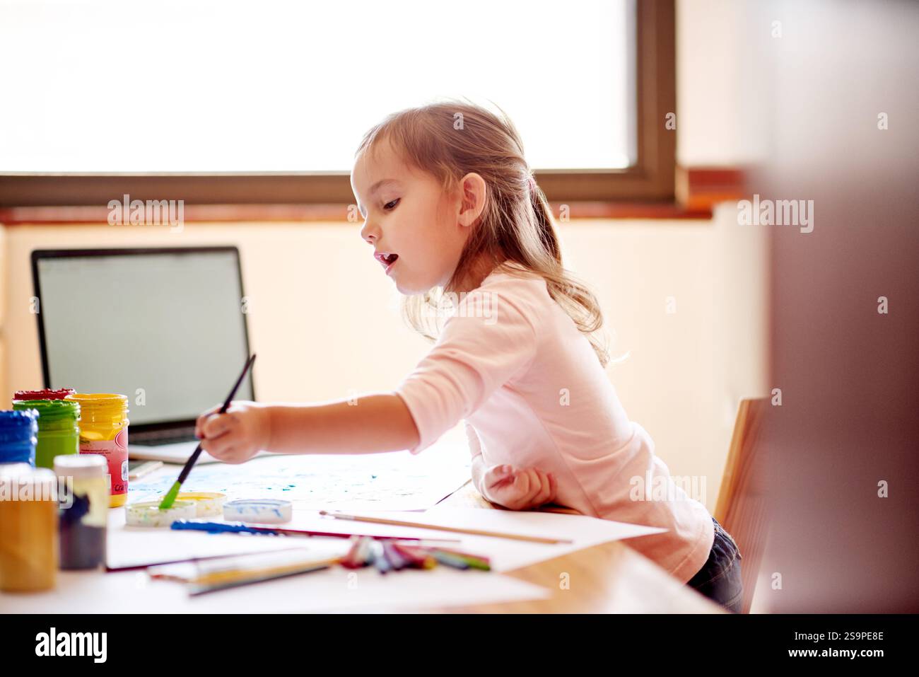 Painting, creative and learning with girl in house for child ...