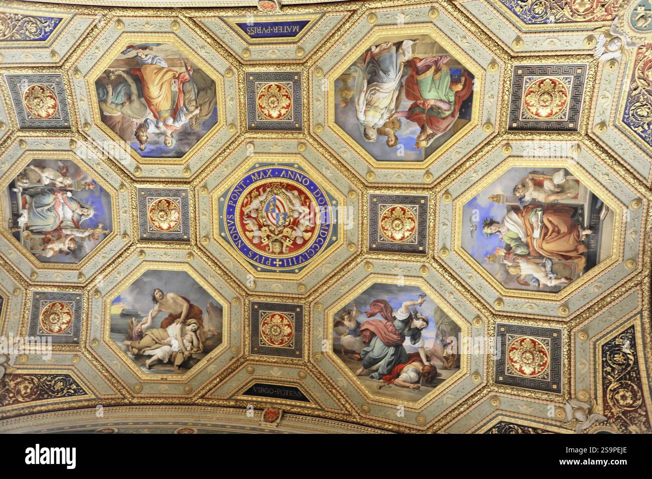 Vatican Museums, Vatican City, Vatican, Rome, Lazio, Italy, Opulent ceiling painting with ...