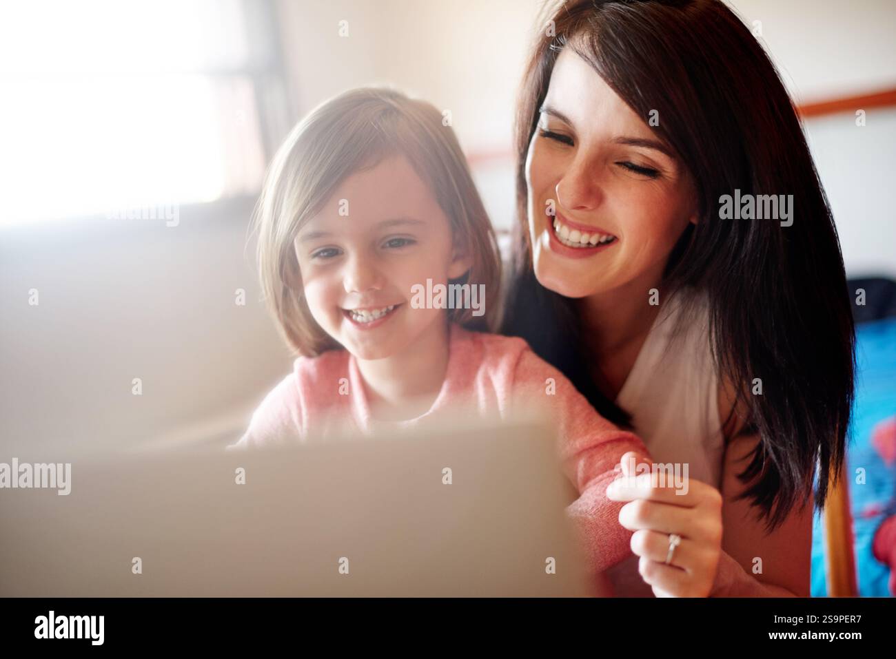 Laptop, education and mother with kid in house for elearning app ...