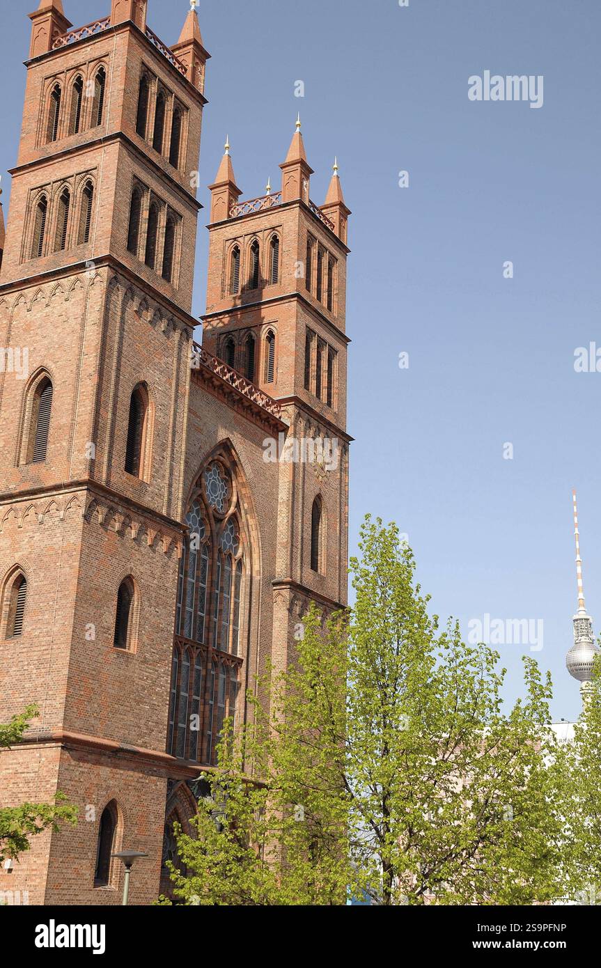 Brick church with Gothic architecture and the television tower in the ...