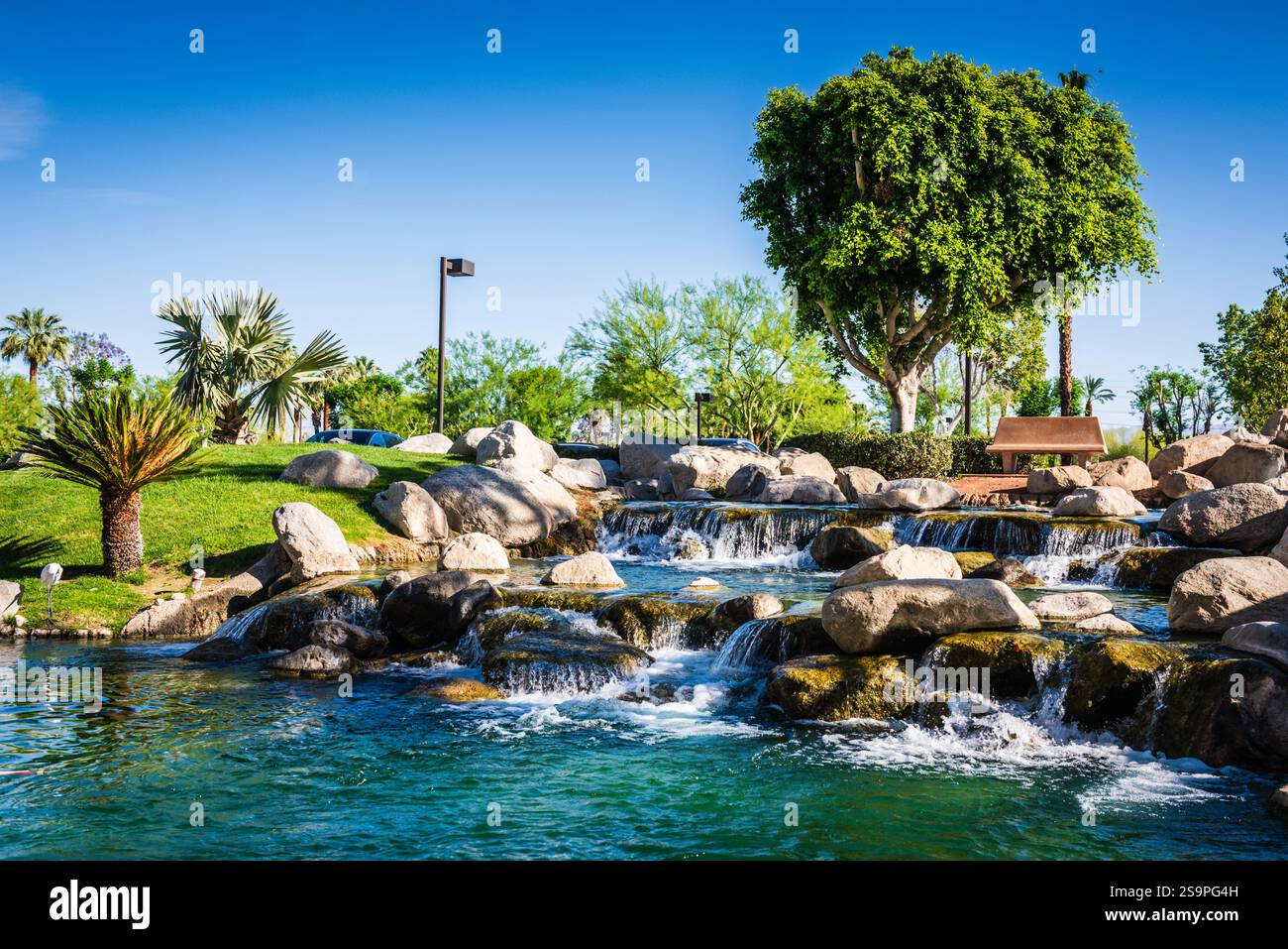 Palm Desert, CA USA - May 7, 2018: Waterfall feature at landscaped ...