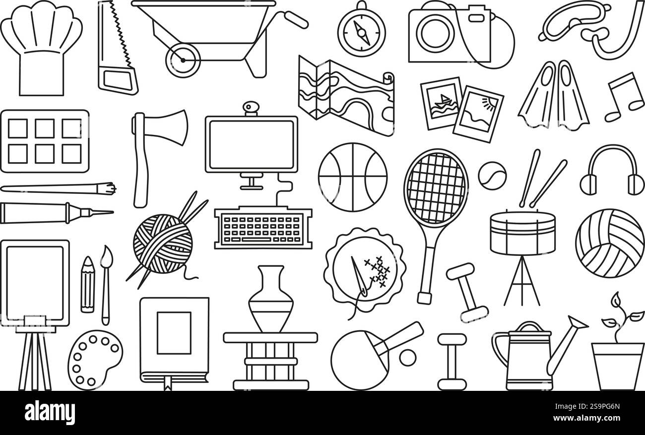 Hobby doodle symbols. Leisure and free time equipment. Sport knitting ...