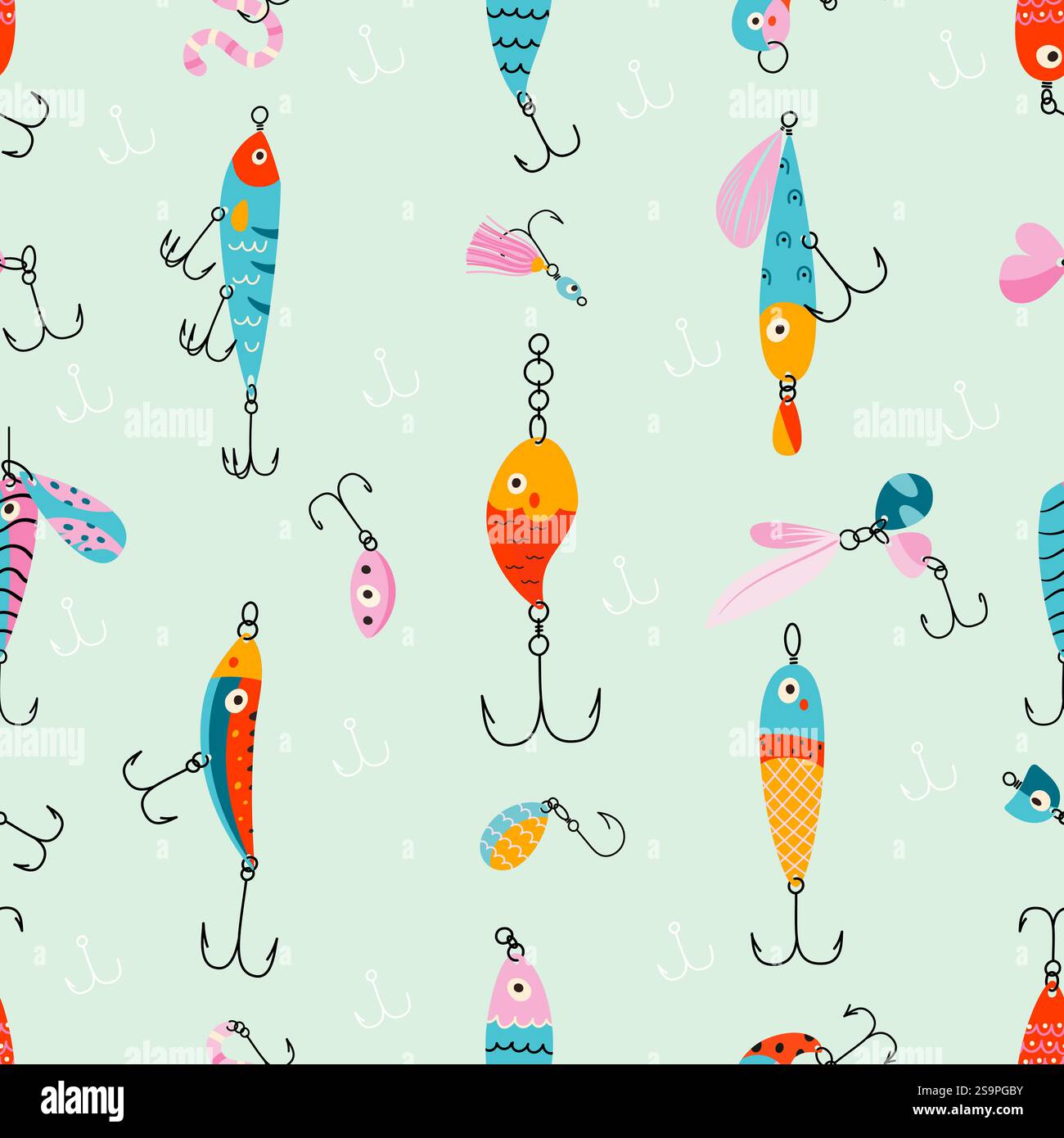 Fish lure seamless pattern. Doodle fishing lures and hooks, different ...