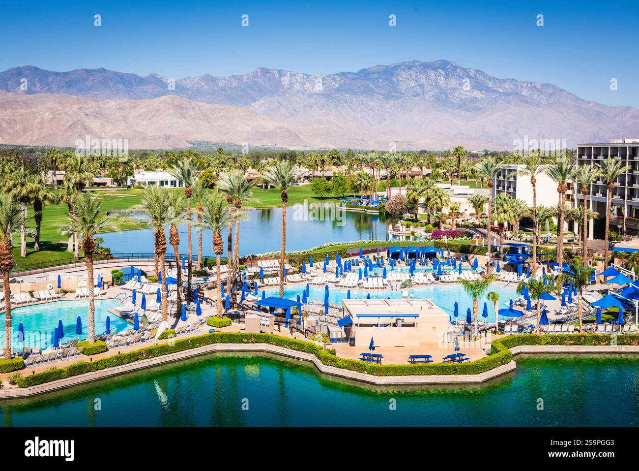 Palm Desert, CA USA - May 7, 2018: Aerial view of resort pool, lake ...