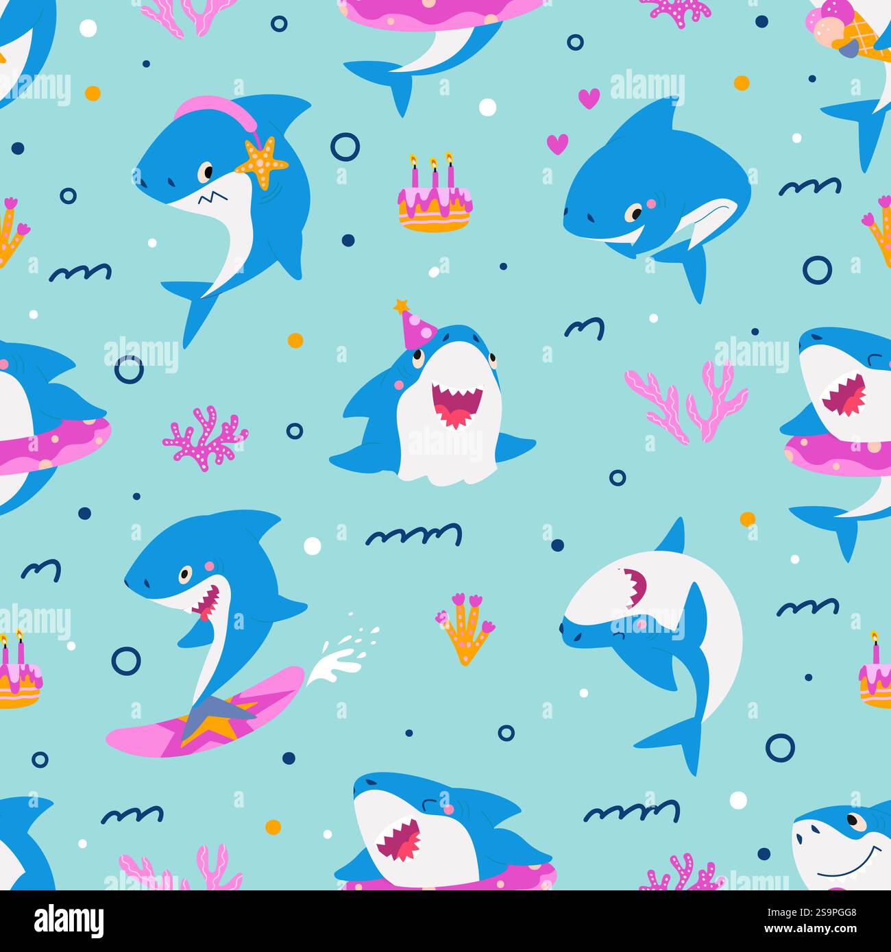 Funny shark seamless pattern. Cartoon positive emotional sharks activities. Cute underwater ...