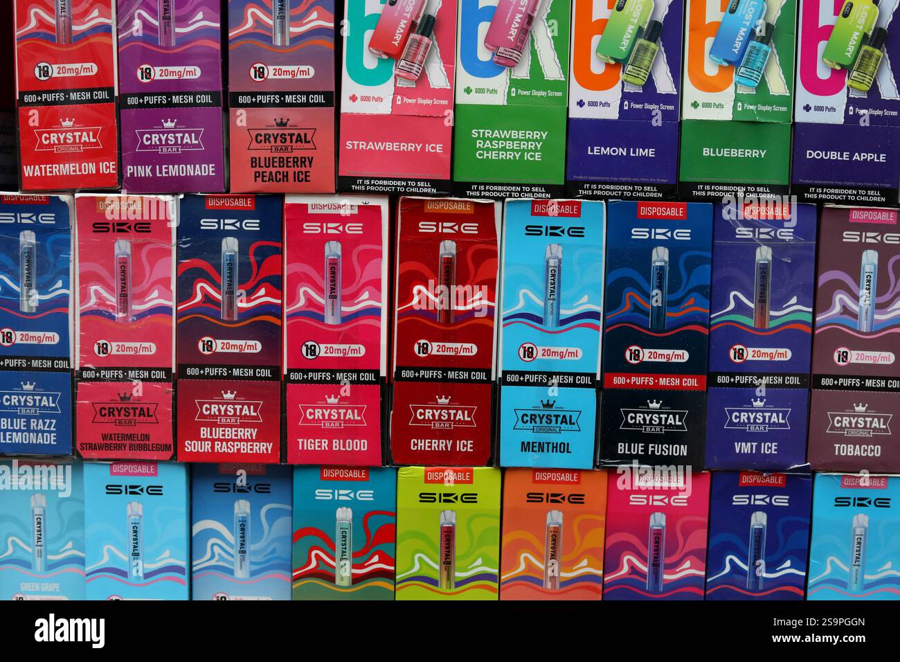 General view of a selection of vapes in a shop window in Chichester ...