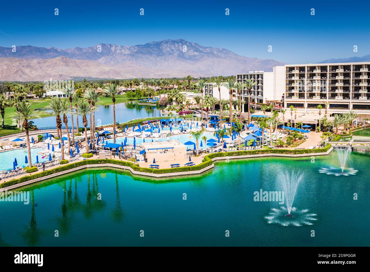 Palm Desert, CA USA - May 7, 2018: Aerial view of resort pool, lake ...
