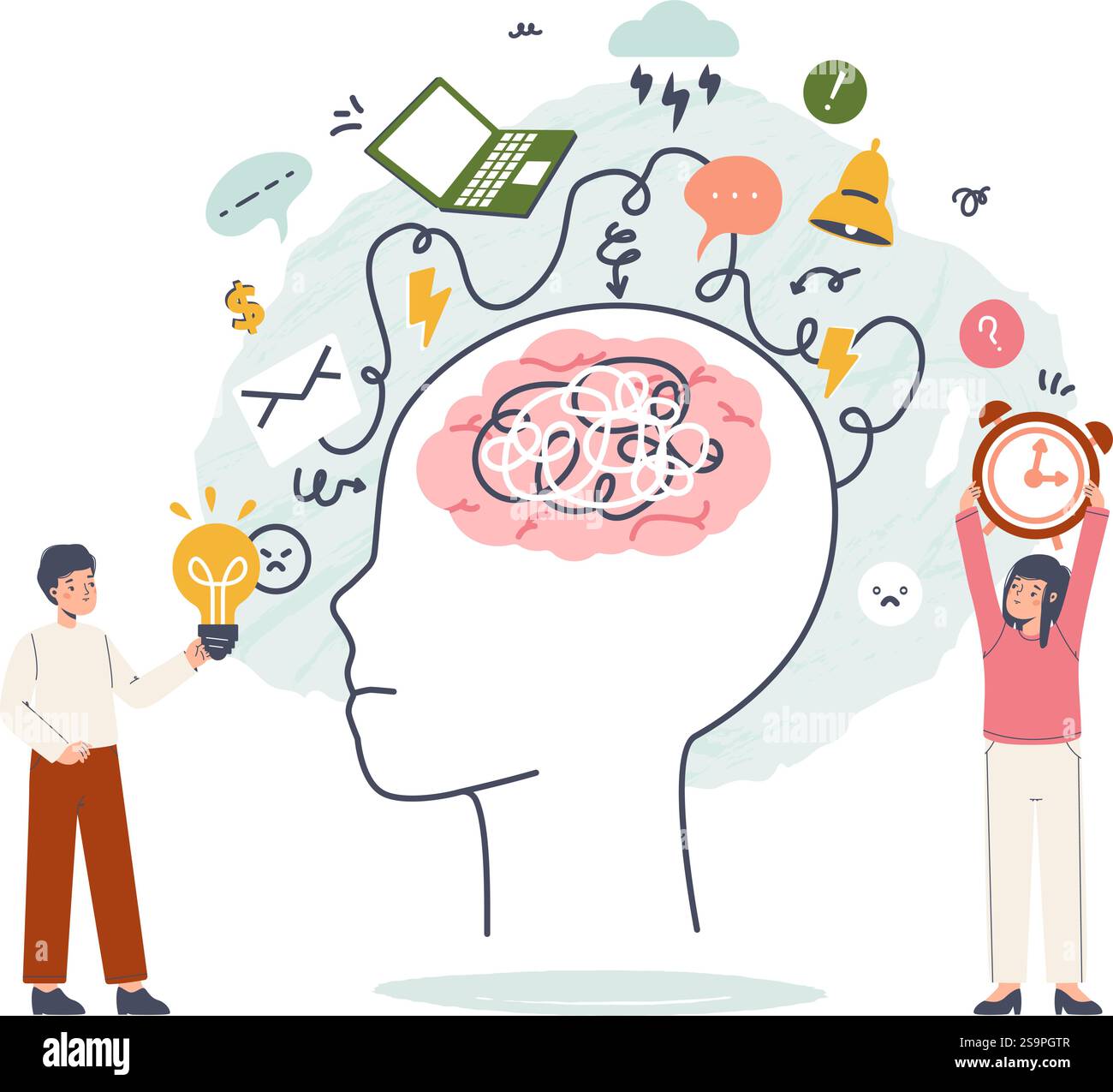 Overthinking brain. Overloaded person, multitasking and fatigue. Office ...