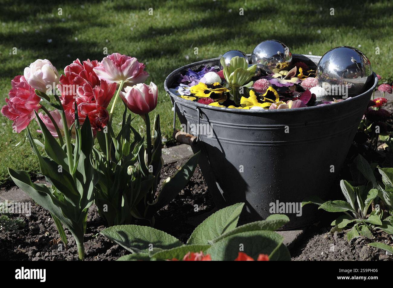 Flower pot with decorative mirror balls and flowers in the garden ...