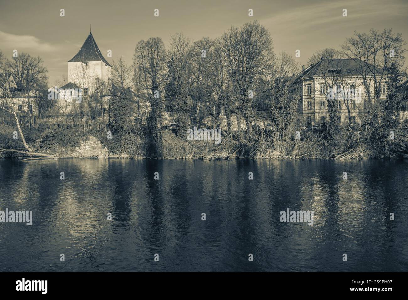 Freimannsturm, medieval town tower on the River Mur, Leoben, Styria ...