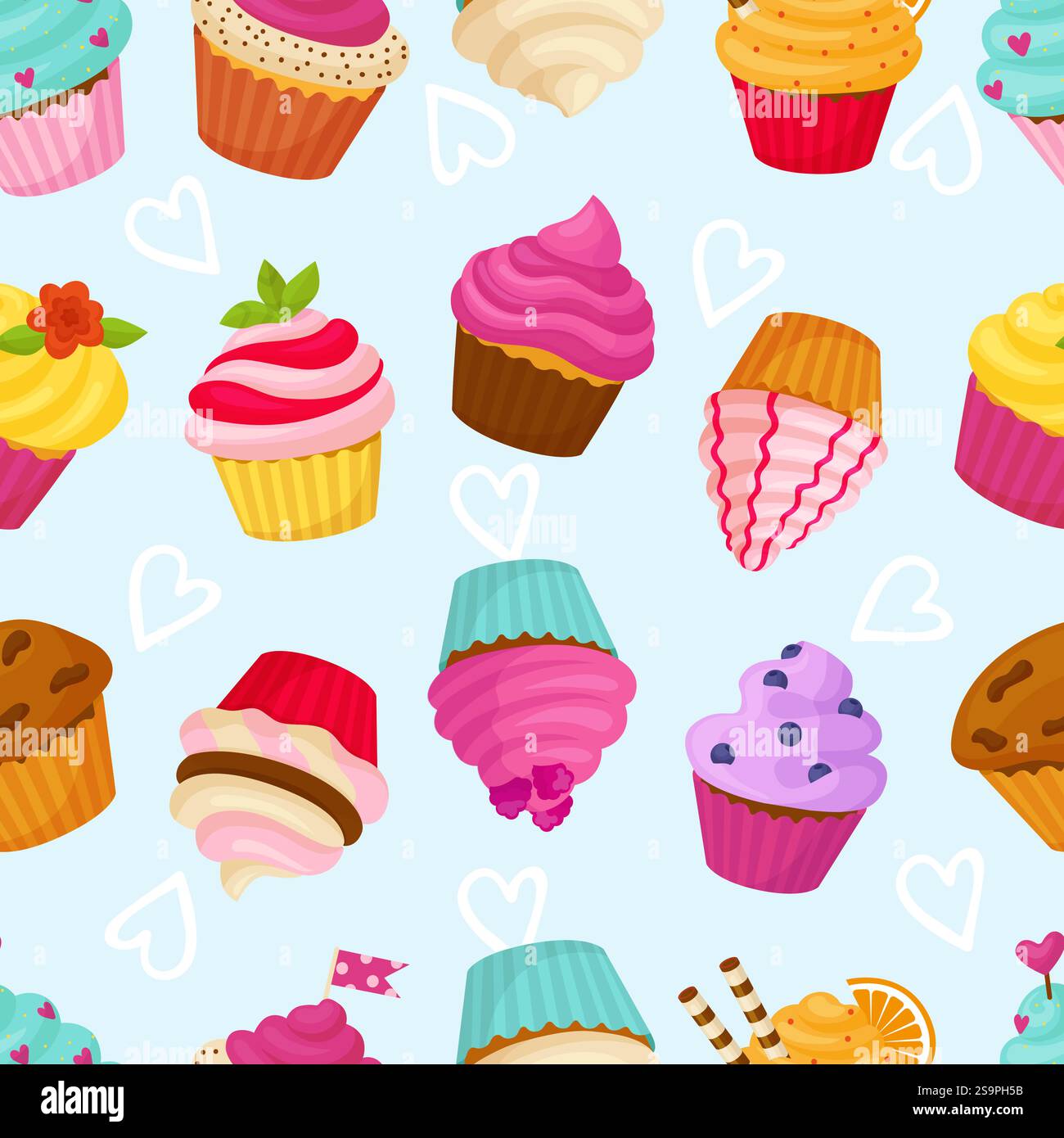 Cupcake seamless pattern. Cartoon cupcakes with creamy chocolate vanilla berries hats. Bakery ...