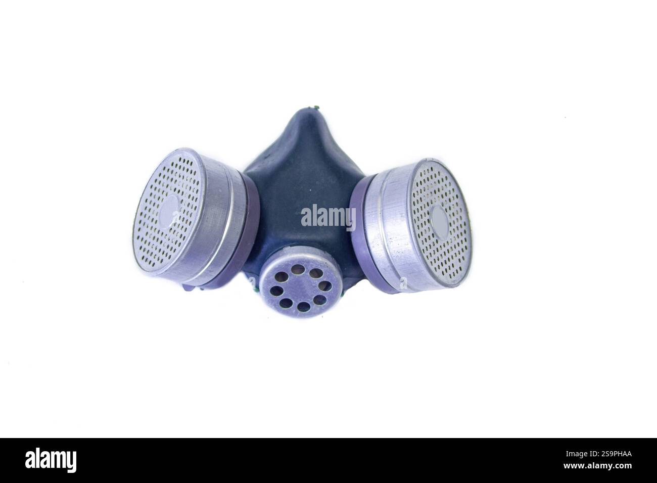 A dual-filter respirator mask on a plain white background Stock Photo ...