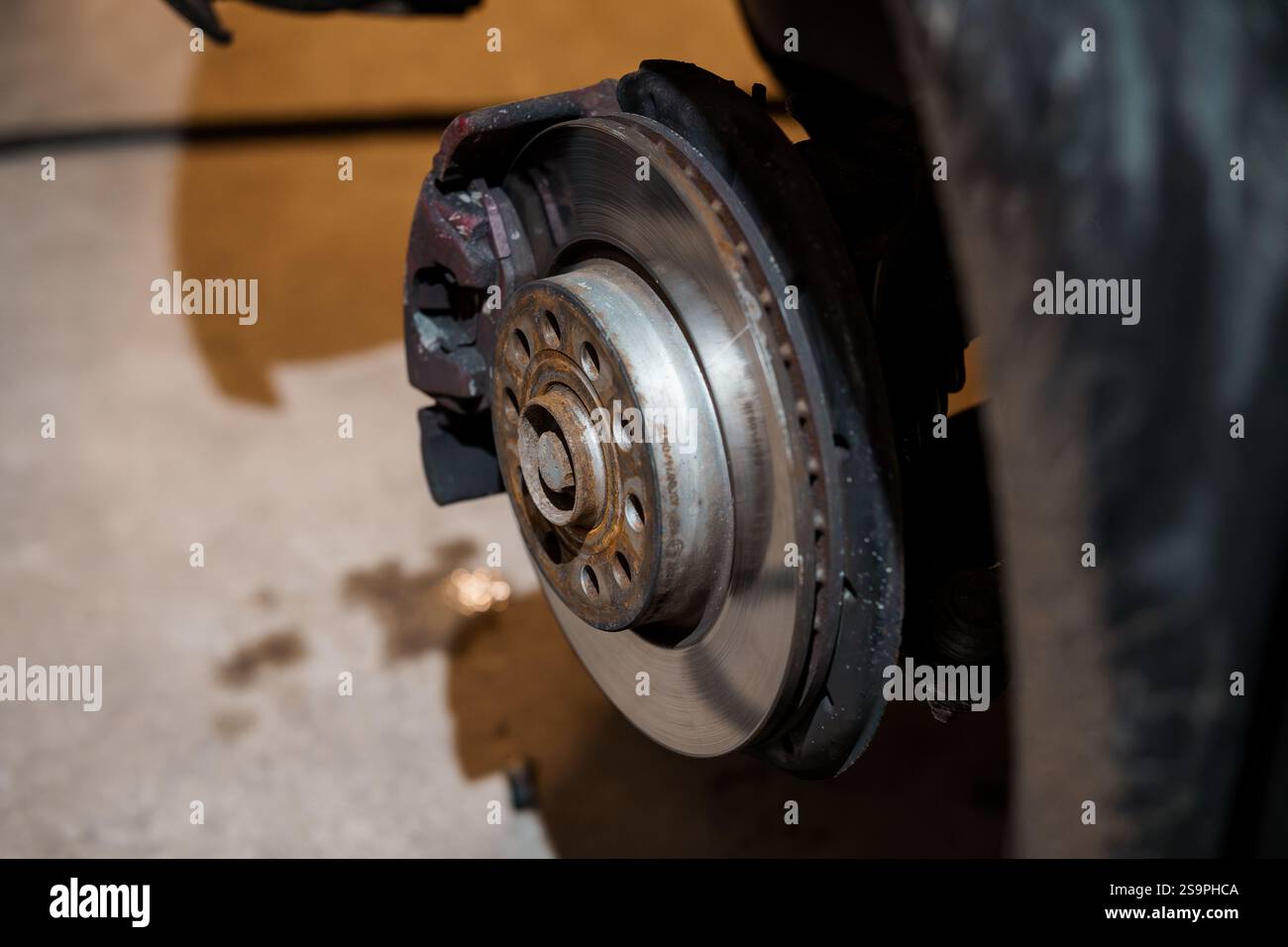 Detailed Close-Up of a Car Brake Disc and Caliper Assembly Stock Photo ...