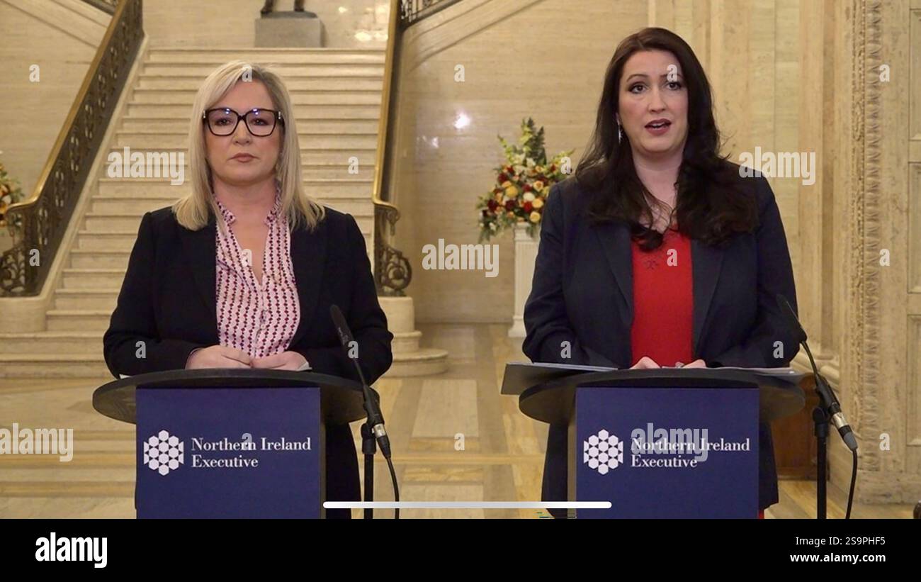 First Minister Michelle O'Neill (left) and deputy First Minister Emma Little Pengelly during a ...