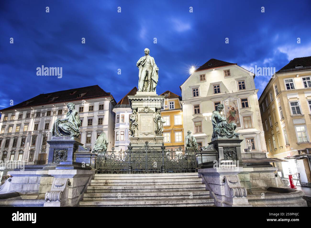 Fountain with monument to Archduke Johann on the main square, Graz ...