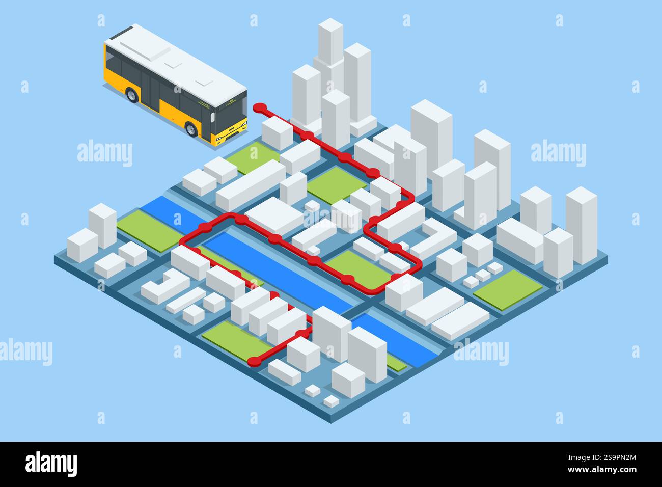 A vibrant isometric map showing a bus route winding through a modern ...