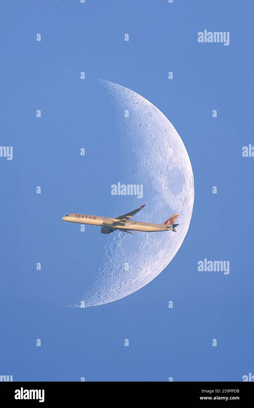Qatar Airways aero plane takeoff over Doha Sky Stock Photo - Alamy
