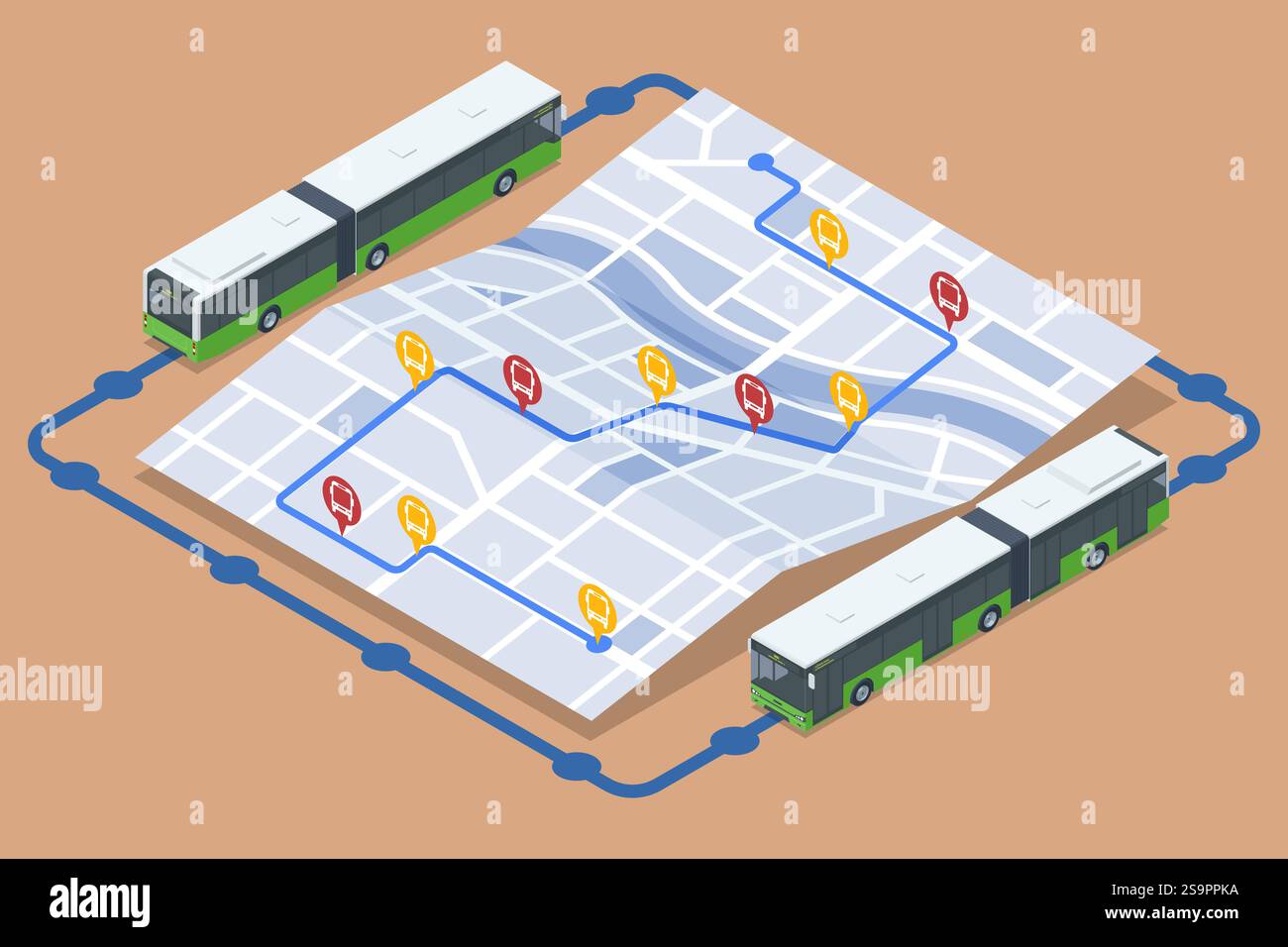 An isometric view of interconnected bus routes over a city map ...