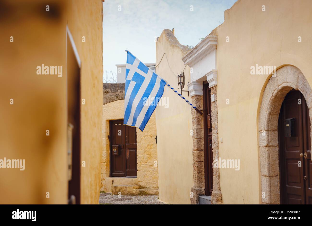View of Greek flag waving in air serene Mediterranean vibe. beautiful ...