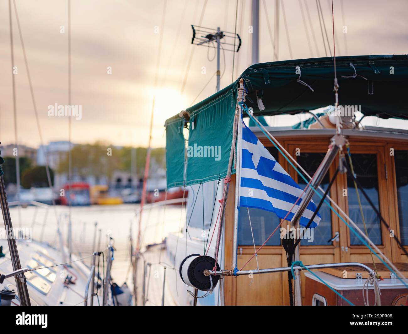 View of Greek flag waving in air serene Mediterranean vibe. beautiful ...