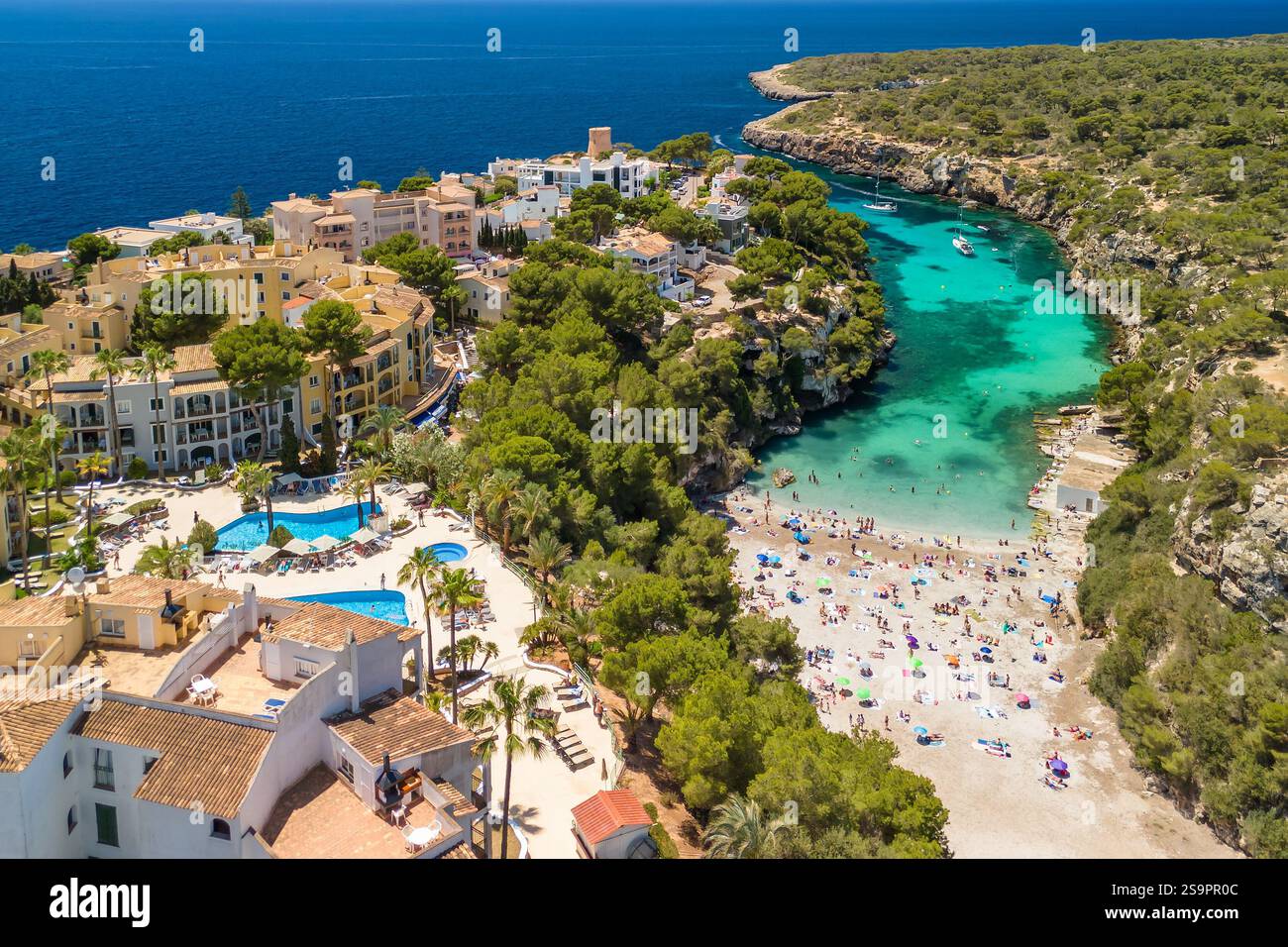 Aerial revealing view of the Bay of Cala Pi in Mallorca, Balearic ...