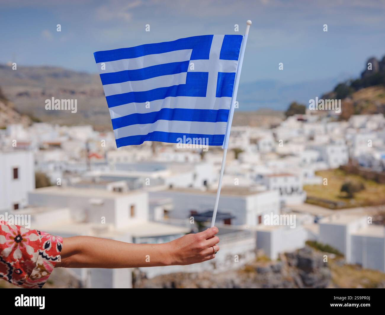 View of Greek flag waving in air serene Mediterranean vibe. beautiful ...