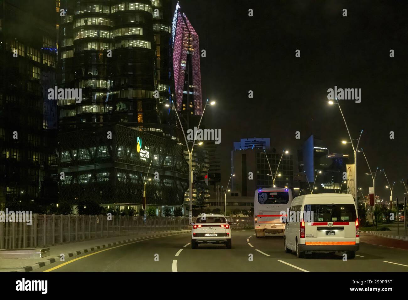 Night view of west bay Doha Qatar. Doha Roads and traffic Stock Photo - Alamy